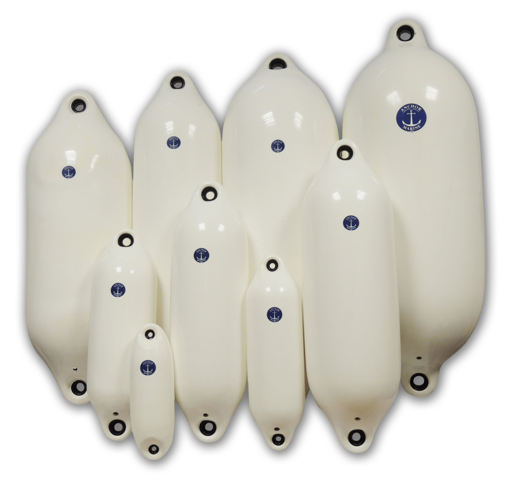 Group of white standard Anchor Marine fenders